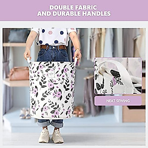 Large Foldable Laundry Basket Organizer Holder portable tall collapsible laundry hamper nusery Storage Basket Bin with Handles Canvas & Waterproof lining for Household Items (Floral Purple)
