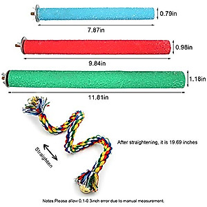 3Pcs Bird Perchs Bird Stand Toy and 1Pcs Bird Rope Perches, Wood Parrot Stand Platform Colorful Sand Paw Grinding Stick Cage Accessories Exercise Toys for Cockatiel Conure Budgies Parakeet (Wood+Rope)