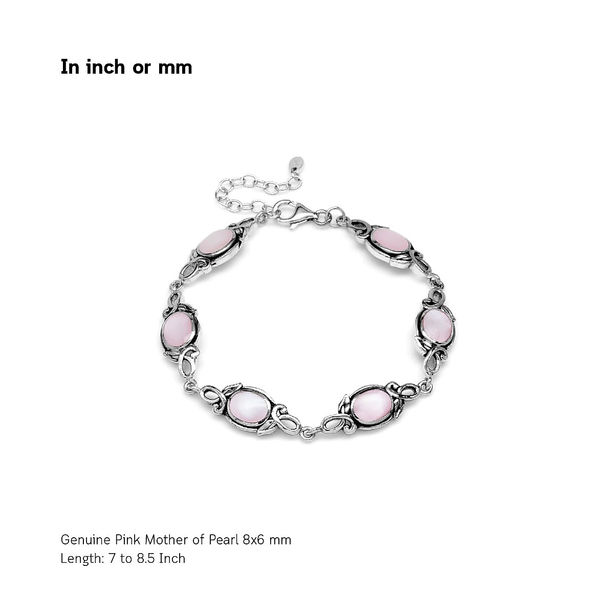 Silvershake 8x6mm Oval Pink Mother of Pearl 925 Sterling Silver Leaf Vintage Inspired 7 to 8.5 Inch Adjustable Bracelet