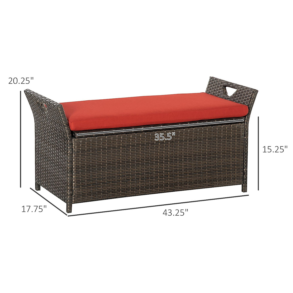 Outsunny 27 Gallon Patio Wicker Storage Bench, Outdoor PE Rattan Patio Furniture, 2-in-1 Large Capacity Rectangle Garden Storage Box with Handles and Cushion, Red