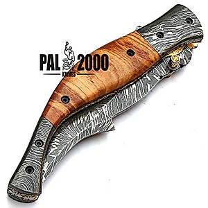 PAL 2000 HUNTING KNIVES FOL-8459 Handmade Damascus Steel Pocket Knife Olive Wood Handle With Sheath