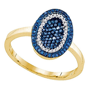 The Diamond Deal 10kt Yellow Gold Womens Round Blue Color Enhanced Diamond Oval Cluster Ring 1/3 Cttw