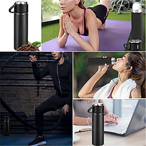 Coffee Thermos Stainless Steel Vacuum-Insulated Water Bottle, 500ml/16.9oz Insulated Bottle with Cup for Hot & Cold Drink Travel Mug (Black, Three Cup)