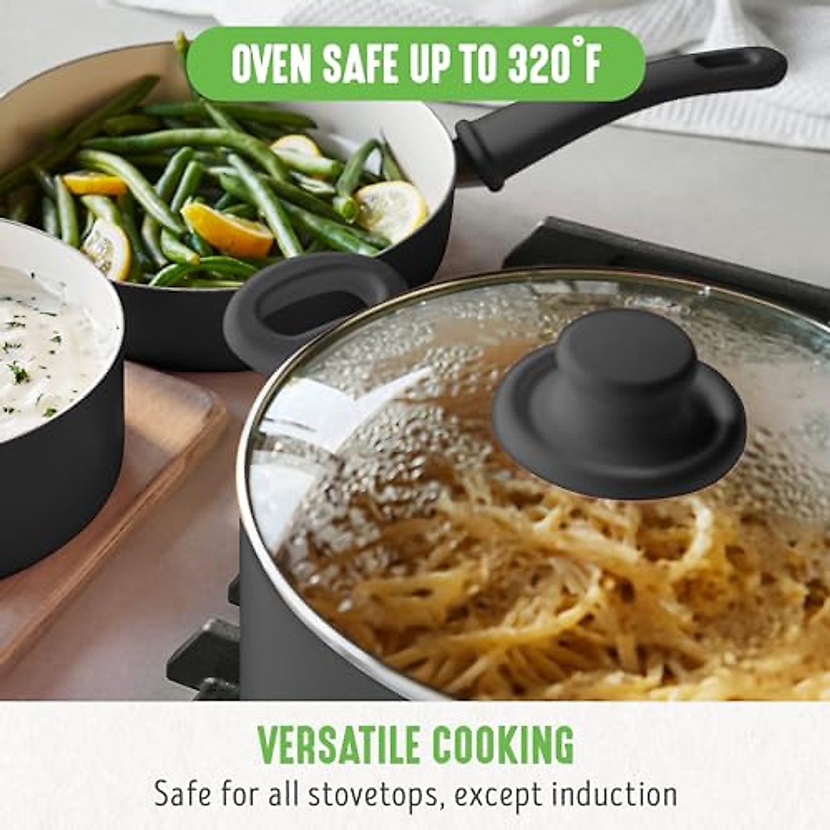 GreenLife 6QT Ceramic Nonstick Stockpot with Glass Straining Lid, PFAS & PFOA-Free, Dishwasher Safe, Stay-Cool Handles, Oven Safe to 350°F, Wobble-Free Base, Even Heating, Black