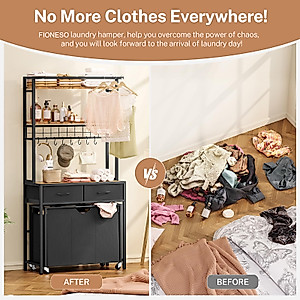 TEENFON Laundry Sorter, Rolling Laundry Hamper with 3 Section Pull-Out Bags, Laundry Basket Organizer with 2 Drawers, Laundry Hamper with Shelves and 8 Hooks for Laundry Room, Bathroom, Bedroom