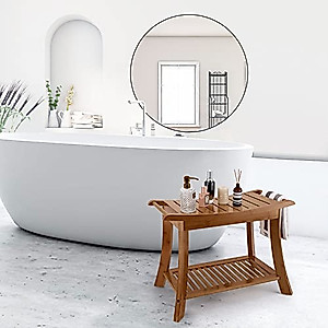 VVW Bamboo Shower Bench & Stool with Storage Shelf, Bath Benches for Inside Shower, Bathroom Stools 2-Tier Spa Seat for Adults Elderly (Walnut)