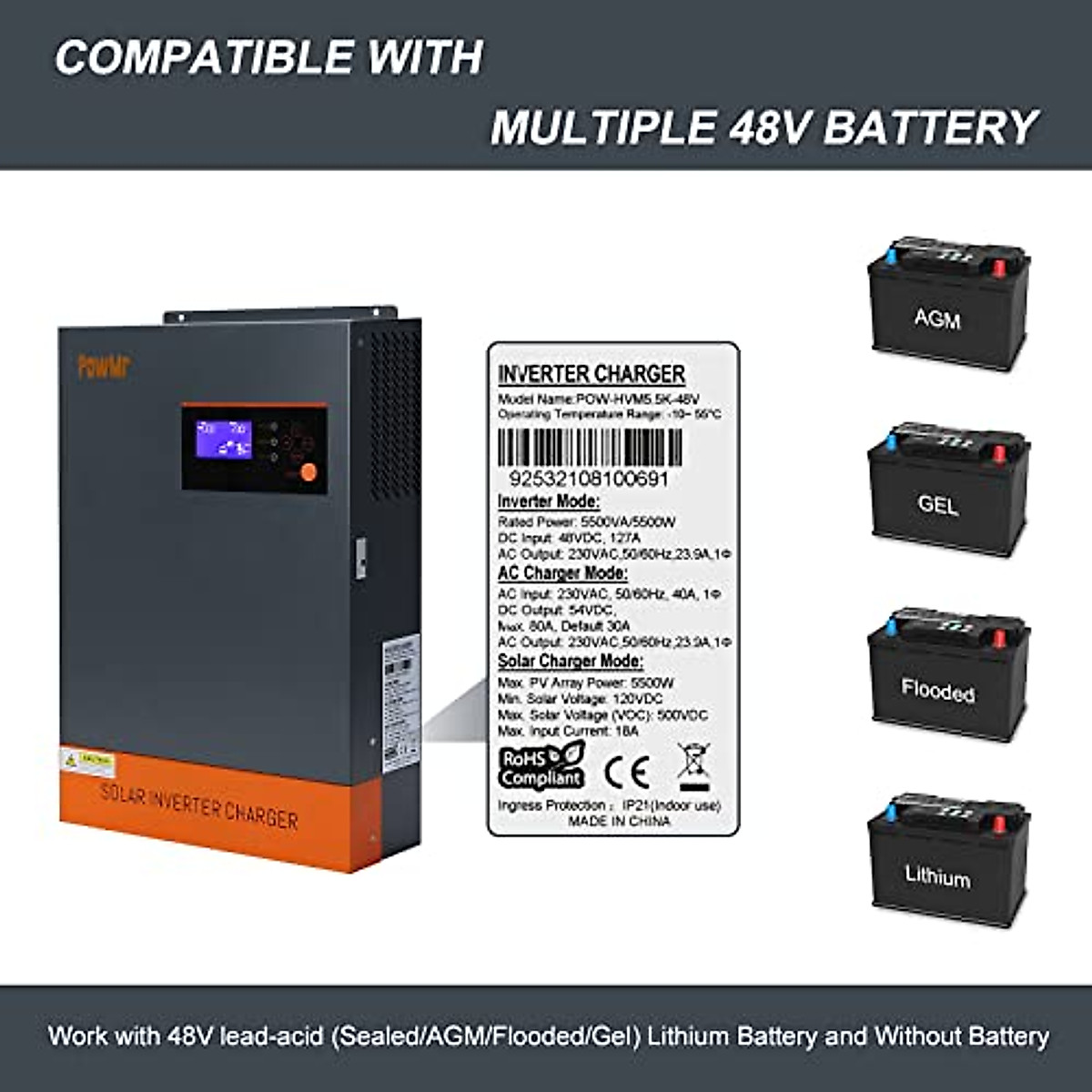 PowMr 5500W Hybrid Inverter 48V DC to 220-230V AC, Off-Grid Pure Sine Wave Inverter with 80A Charge Controller, for 48V Lead-Acid, Lithium Battery and Without Battery