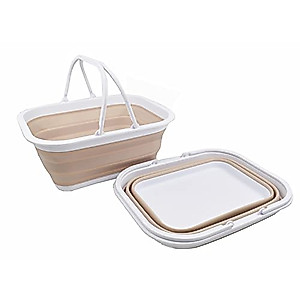 SAMMART 15L (4 Gallons) Collapsible Basket with Handle - Portable Outdoor Picnic Basket/Crater - Foldable Shopping Bag - Space Saving Storage Container (White/Latte (Set of 2))