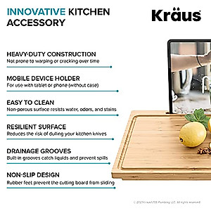 Kraus Solid Bamboo Cutting Board with Mobile Device Holder for Standard Kitchen Sink or Countertop (19 1/2 in. x 12 in.), KCBT-103BB