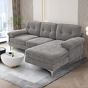 TEKAMON 82.7" Sectional Sofa Couch with Chaise, 3 Seats L Shape Reversible Sofa, Comfy Modern Chenille Fabric Convertible Couch for Living Room, Apartment, Small Spaces with Removable Covers, Grey