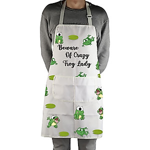 MBMSO Frog Apron Beware of Crazy Frog Lady Kitchen Apron Frog Lover Gifts for Women Funny Frog Gifts Frog Grilling Apron (Crazy Frog Lady Apron-white)