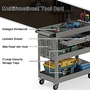MOOLINCO 3 Tier Rolling Tool Cart with a Lockable Drawer and 4 Universal Wheels, Removable Tool Cart, Large Storage Capacity Tool Cart on Wheels, Suitable for Garage or Warehouse(New Grey)