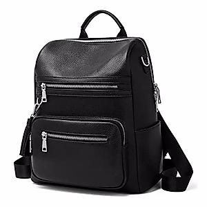 FOXLOVER Women's Genuine Leather Fashion Backpacks Purse College Student Book Bags Travel Shoulder Bag with Tassel (Black)