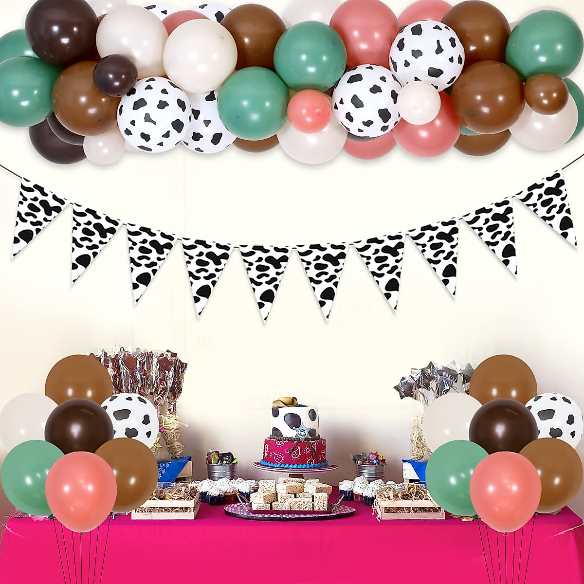 Cowgirl Balloon Garland Arch Kit 115pcs with Cow Print Pennant Banner for First Rodeo Birthday Party Decorations Western Last Rodeo Bachelorette Decor Farm Party Supplies