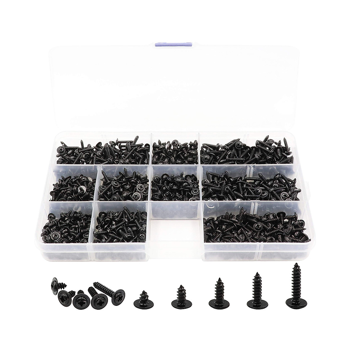 LBY 1000pcs M2.3 M2.6 Truss Head Self Tapping Screws, Wafer Head Screws, Pan Head with Washer Screw 10 Sizes Self Tapping Screws Assortment Kit, Carbon Steel (Blacking)