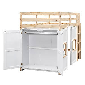 BOVZA Twin Size Loft Bed with Built-in Storage Wardrobe and 2 Windows, Wood Playhouse Loft Bed Frame with High Guard Rails for Kids Boys Girls Teens, Natural+White