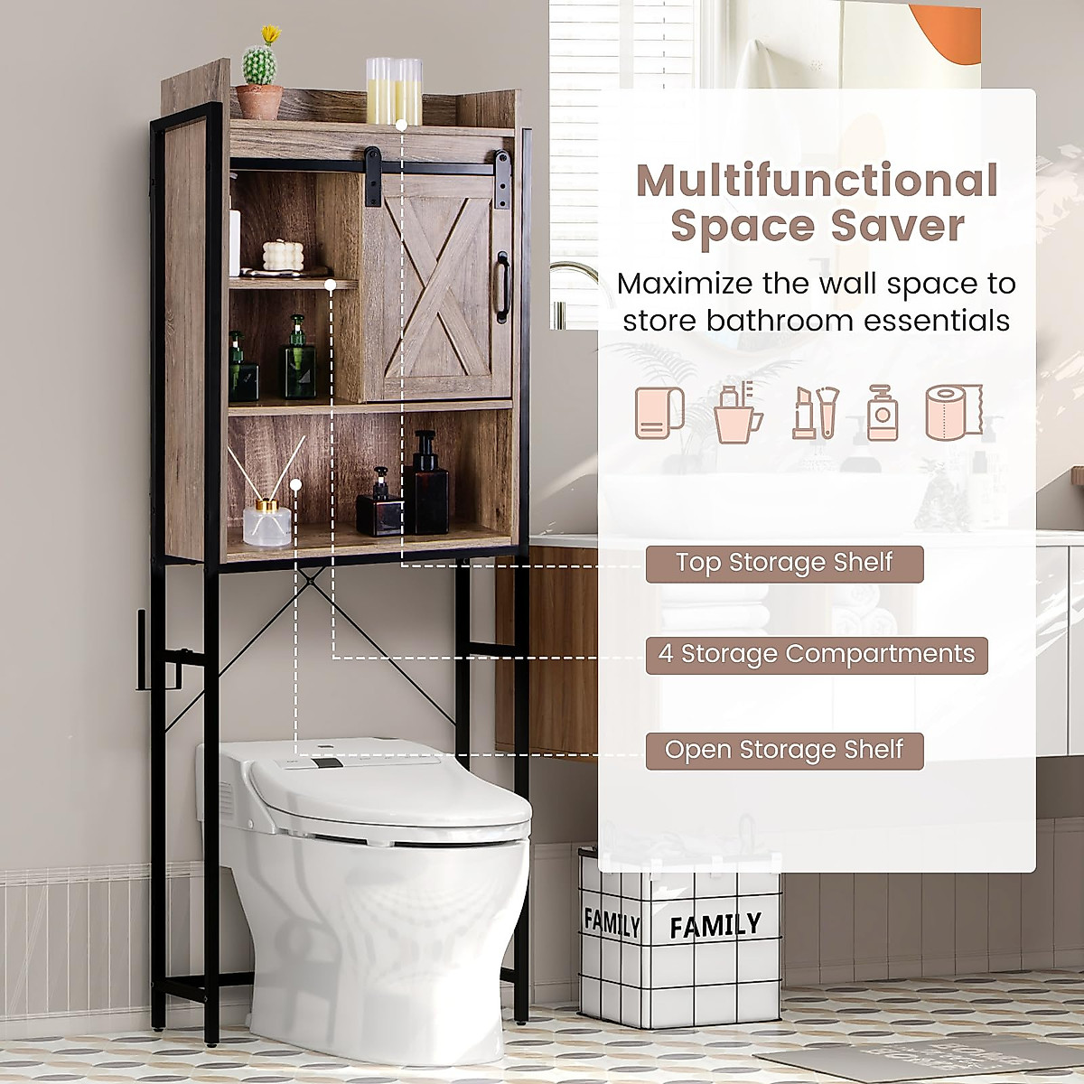 Giantex Over The Toilet Storage Cabinet - Freestanding Bathroom Organizer Rack with Adjustable Shelf, Sliding Barn Door, Paper Holder, Bathroom Space Saver, Above Toilet Storage Cabinet (Grey)