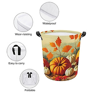 FISNAE Pumpkin Fall Leaves Storage Baskets, Thanksgiving Laundry Hamper-Collapsible Storage Bin with Handles,Toy Organizer Bin for Kid's Room,Office,Nursery Hamper, Home Decor
