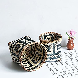 BESPORTBLE Round Bamboo Waste Basket Rattan Trash Can Straw Storage Baskets Wooden Garbage Can Decorative Laundry Hamper Flower Basket Vase