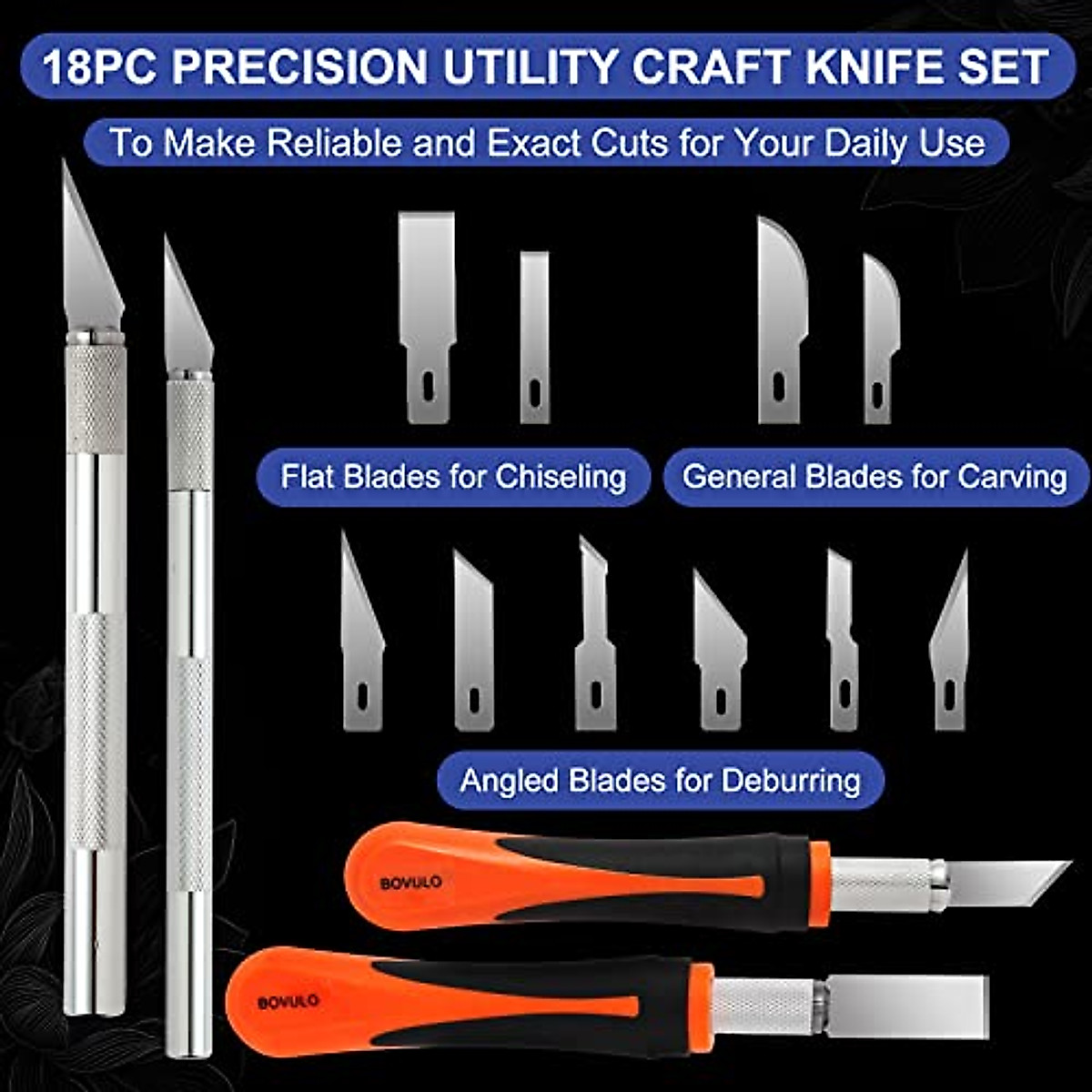 18pc Precision Utility Craft Knife Set - Premium Hobby Knife Cutting Tool with Sharp Blades for Architectural Models, Carving Pumpkins / Stencils, Paper / Leather/vinyl Crafts, Miniatures by Bovulo