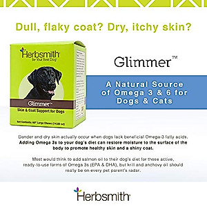 Herbsmith Glimmer - Dog Healthy Skin and Coat + Dog Treatment for Dry Itchy Skin - Omega-3 Supplement for Dogs - 60ct Large Chews
