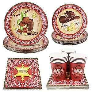 CIEOVO Rodeo Western Cowboy Party Supplies - Serves 16 Guest Includes Dinner Paper Plates, Cups and Napkins Perfect for Western Cowboy Theme Birthday Baby Shower Parties Decoration