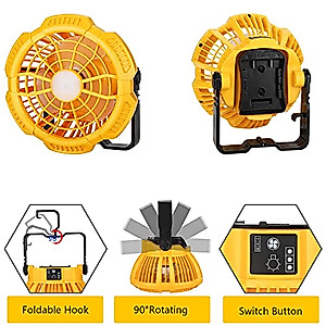 Hiesuan Compatible with Dewalt Fan 20v Portable Camping Tent Fan with Lantern, Remote, 4H Timer, Hook Cordless Ceiling Fan Personal Fan for Dewalt 14.4-20V Li-Ion Battery