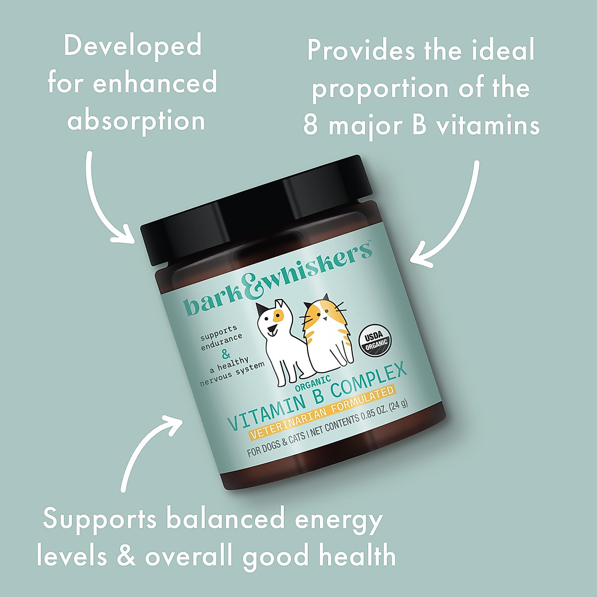 Bark & Whiskers Organic Vitamin B Complex, 0.85 Oz. (24 g), 60 Scoops, Supports A Healthy Nervous System & Endurance, Veterinarian Formulated, Non-GMO, Certified USDA Organic, Dr. Mercola