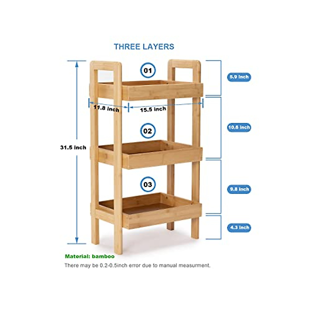 PELYN 3-Tier Storage Shelves, Bamboo Shelving Unit Storage Racks for Livingroom, Bathroom, Kitchen, Office, Garage