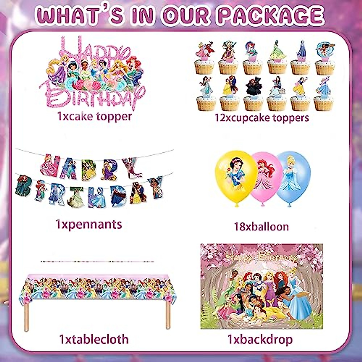 Princess Birthday Party Decorations,Include Banner,Backdrop, Latex Balloons, Cupcake, Cake Topper, Tablecloth for Princess Themed Birthday Party Supplies.
