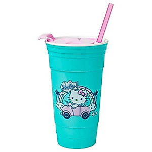 Silver Buffalo Hello Kitty Rainbow Car Plastic Tumbler with Lid and Straw, 32 Ounces