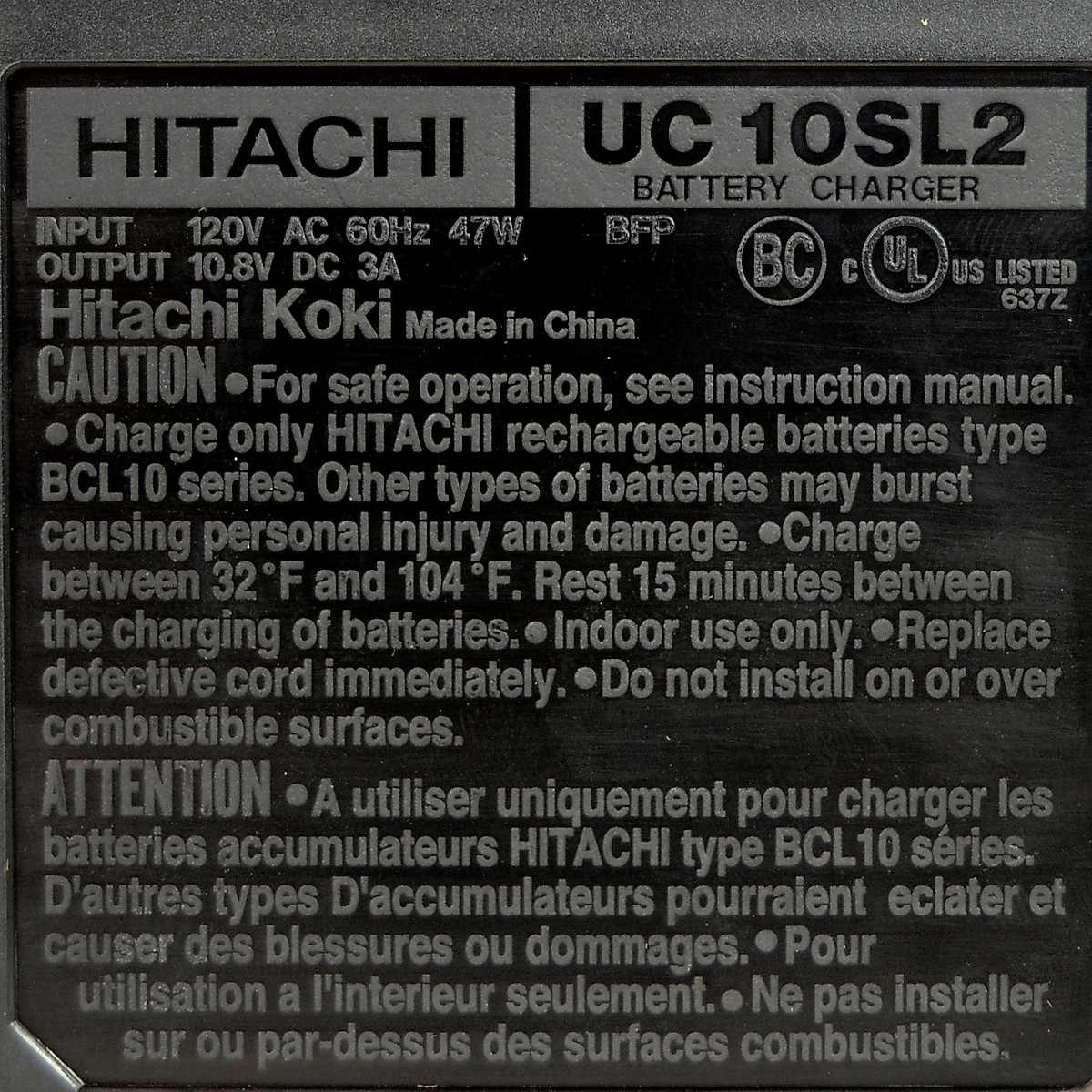 Hitachi UC10SL2 10.8v Li-Ion Battery Charger and BCL1015S 10.8-12V Battery Combo