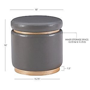 Linon Lexington Grey Faux Leather Round Storage Ottoman with Wood Accent