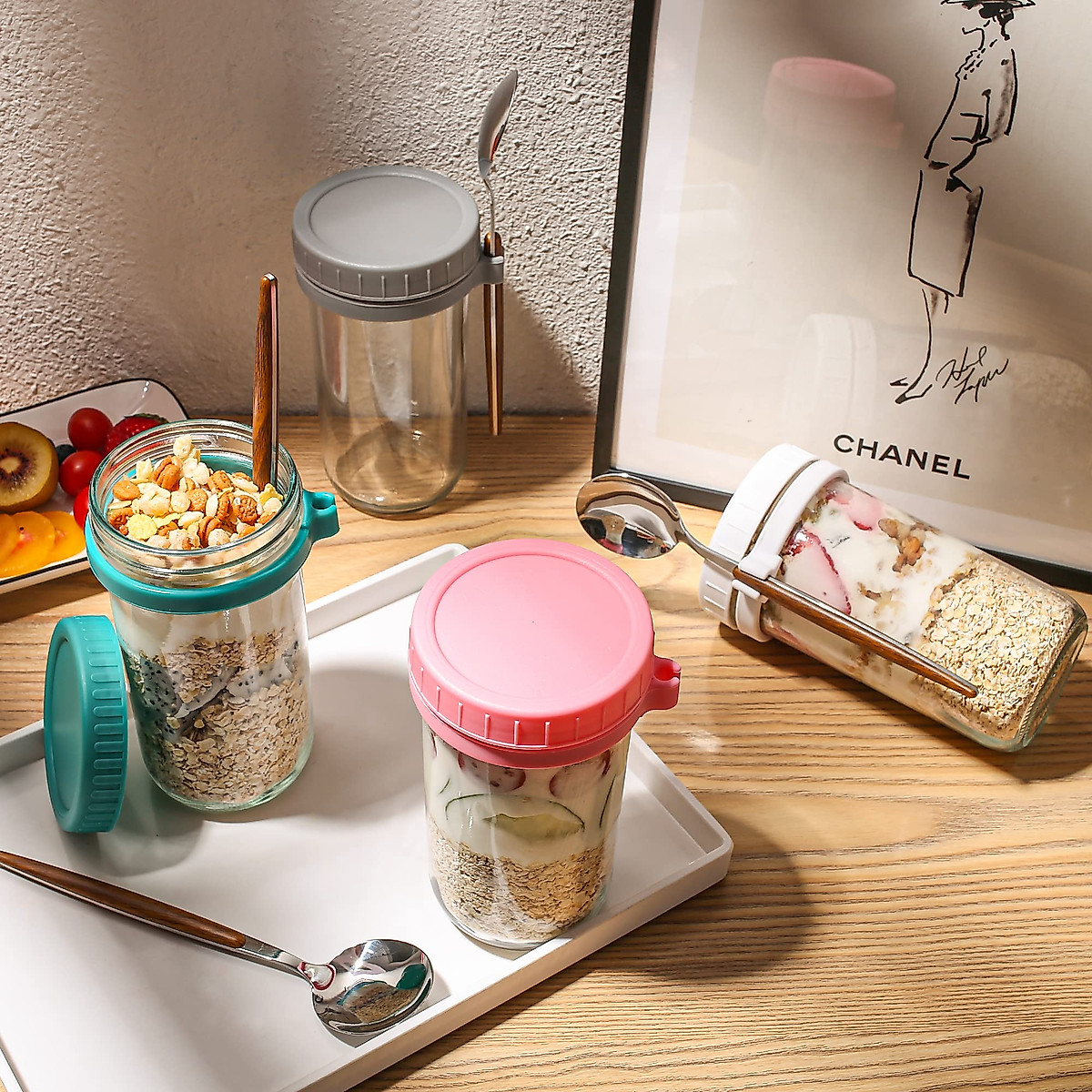 GUUTRY Overnight Oats Containers with lids and Spoons: 24 oz Mason Jars for Overnight Oats - 2 Pack Glass Meal Prep Container for Oatmeal - Food Storage Containers/Canning Jars/Food Jars