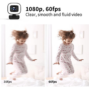 60FPS Webcam with Ring Light, Auto-Focus 1080P Web Camera with Dual Microphone and Privacy Cover，Streaming Webcam for YouTube, Skype, Zoom, Twitch, OBS, Xsplit and Video Calling