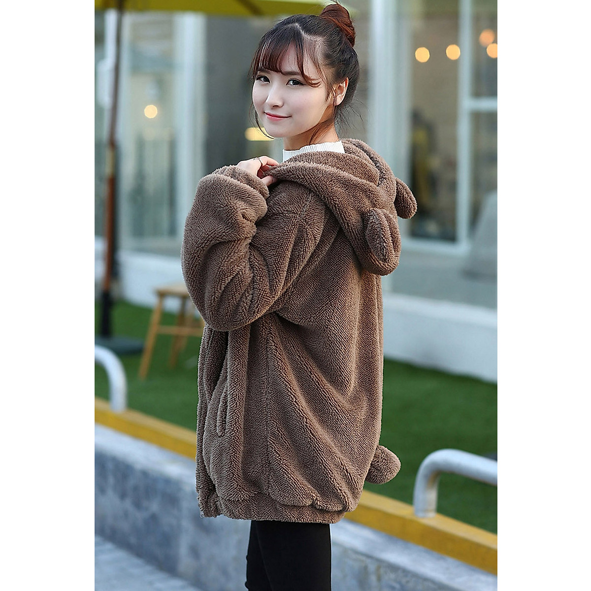 Women Fashion Bear Tail Hoodies,Fluffy Double Velvet Winter Rabbit Ear&Tail Shape Warm Tail Jacket,Long Sleeve Hooded Sweatshirt sweater (brown bear)