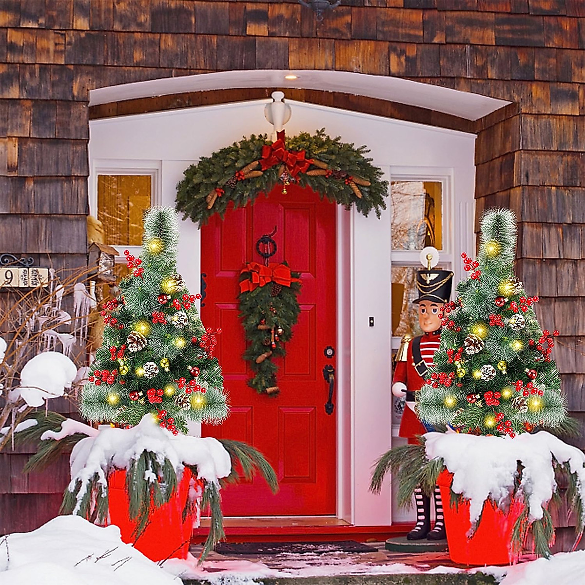 Juegoal 2 Pack 30 Inch Pre-Lit Pathway Christmas Trees, Upgrade Artificial Xmas Urn Filler with 60 LED Lights, Red Berries and Pine Cones Ornaments, Battery Operated Holiday Décor for Driveway, Yard