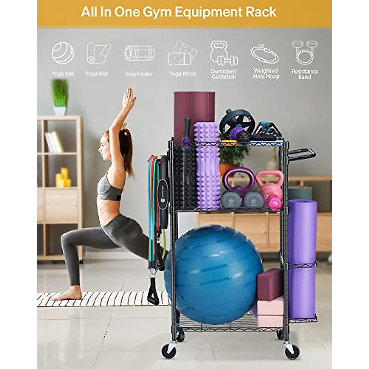 FHXZH Home Gym Storage Rack, Workout/Exercise Equipment Storage Organizer with Hooks and Wheels for Yoga Mat & Ball Dumbbell Kettlebells Foam Roller Resistance Bands
