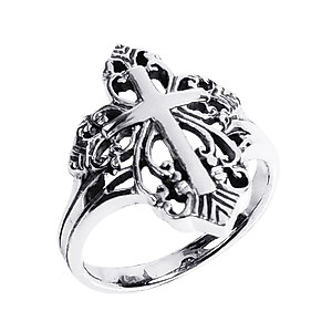 AeraVida Captivating Filigree Cross .925 Sterling Silver Ring | Casual Comfort Fit Silver Rings for Women | Religious | Sterling Silver Rings Sizes (8)