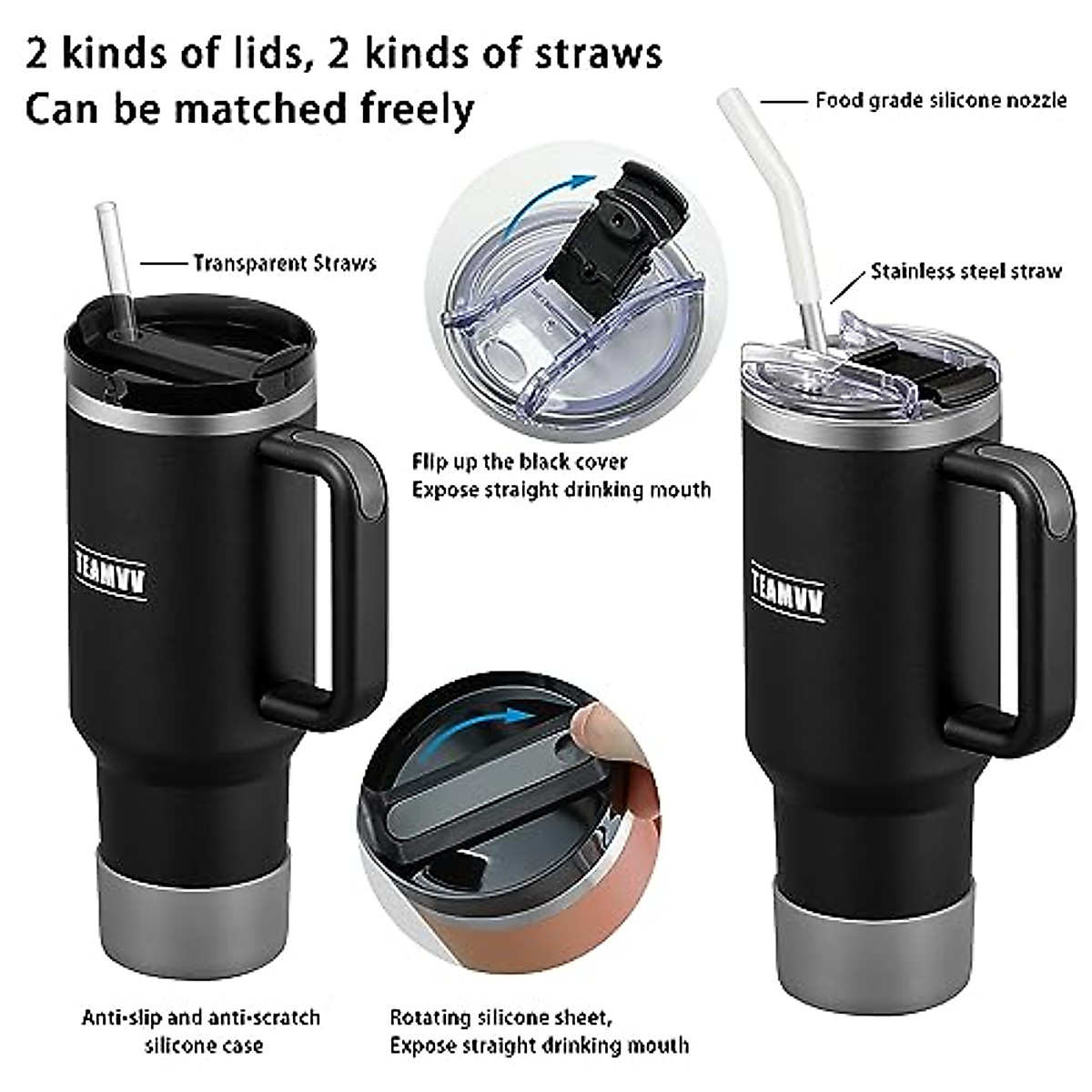 TEAMVV 40 oz Tumbler with Handle and Straw Stainless Steel Vacuum Insulated Tumbler Tea or Iced Coffee Mug for Hot or Cold Beverages 40 oz Tumbler with Handle(Black)