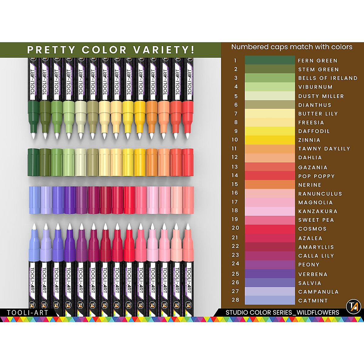 28 Wildflower Colors Acrylic Paint Pens Studio Color Series Markers Set 0.7mm Extra Fine Tip, Rock Painting, Glass, Mugs, Wood, Metal, Canvas, DIY, Detailing. Non Toxic, Waterbased, Quick Drying