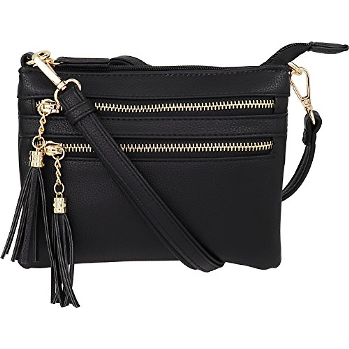 B BRENTANO Vegan Mini Multi-Zipper Crossbody Handbag Purse with Tassel Accents (Black.)