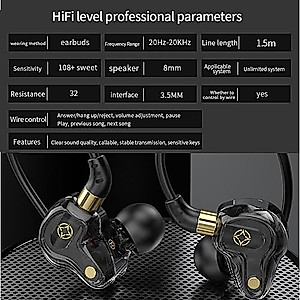 SWLIFL Wired Earbuds in-Ear Headphones with Microphone Volume Control Dual Dynamic Coil Bass Noise Canceling 3.5mm Jack Tangle-Free Cord Noise Isolating Earphones Black