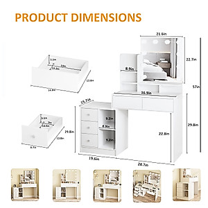 Vabches Makeup Vanity with Lights and Charging Station, Functional White Vanity Table with 5 Drawers and Lots Storage Shelves for Women Girls, 48.3in(W)