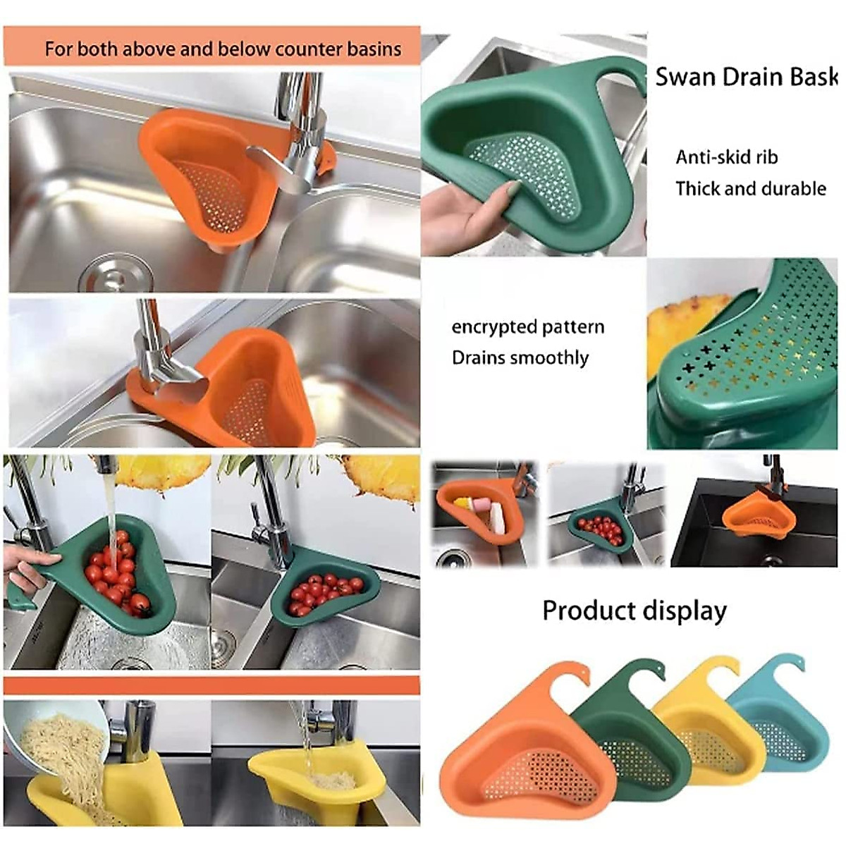 Swan Drain Basket for Kitchen Sink, 2Pcs Triangle Sink Drain Rack Kitchen Sink Strainer Basket, Multifunctional Kitchen Triangular Sink Filter, Fits Sinks (1PC, Green)