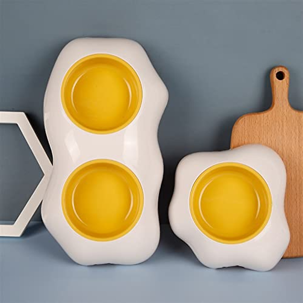 FUUIE Bowls for Food and Water Dog Food Water Feeder Poached Egg Shape Double Pet Bowls Prevent Tipping Pet Drinking Dish Feeder Cat Puppy Feeding Supplies (Color : Blue Double Bowl)