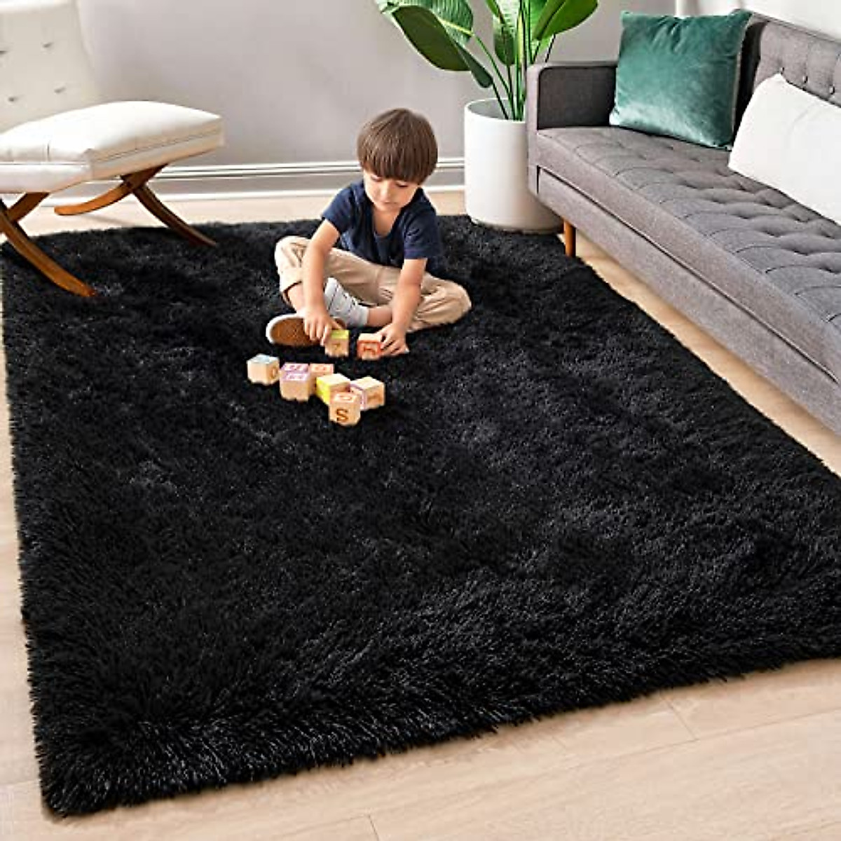 Prabia Super Soft Fluffy Shaggy Rugs 4x5.9 Feet for Living Room Bedroom, Fuzzy Plush Area Rugs for Girls Kids Room Nursery Home Decor, Furry Dorm Rug Cute Non-Slip Indoor Floor Carpet, Black