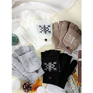 4 Pairs Women Knitted Winter Fingerless Gloves Thermal Convertible Knit Flip Wool Gloves Warm Half Finger Mittens for Women (White, Black, Gray, Khaki, Snowflake Style)