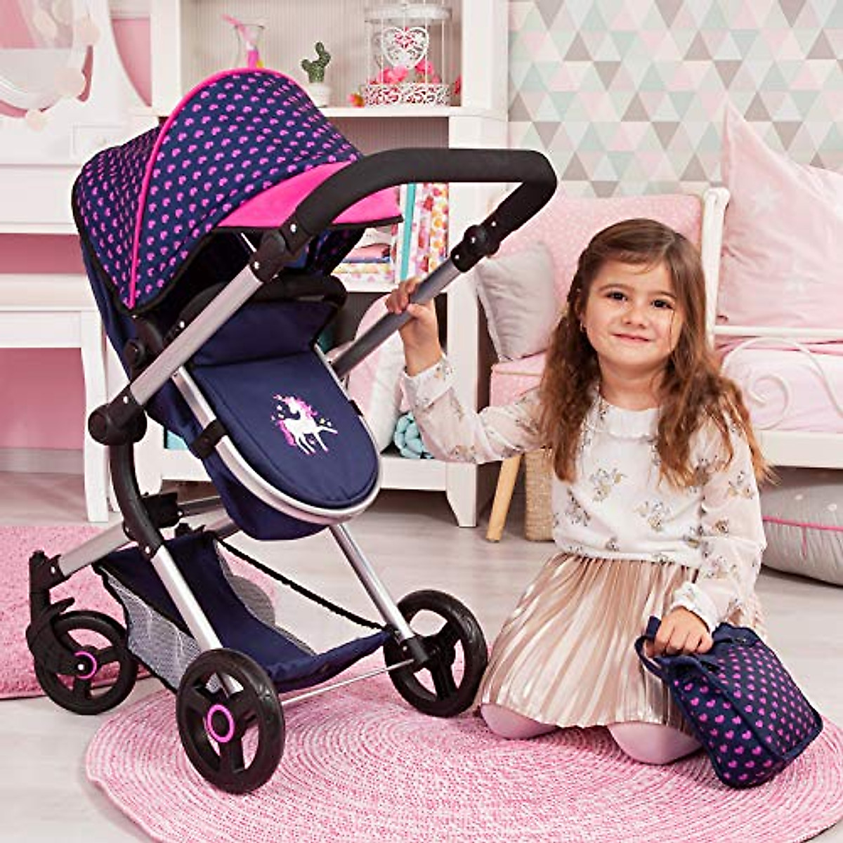 Bayer Design Baby Doll City Vario Pram, Blue Pink with Hearts Unicorn