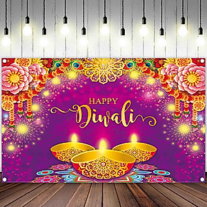 YCUCUEI 72x43inch Fabric Purple Happy Diwali Backdrop India Festival of Lights Photography Background Floral Peacock Feather Party Decoration Banner Photo Booth
